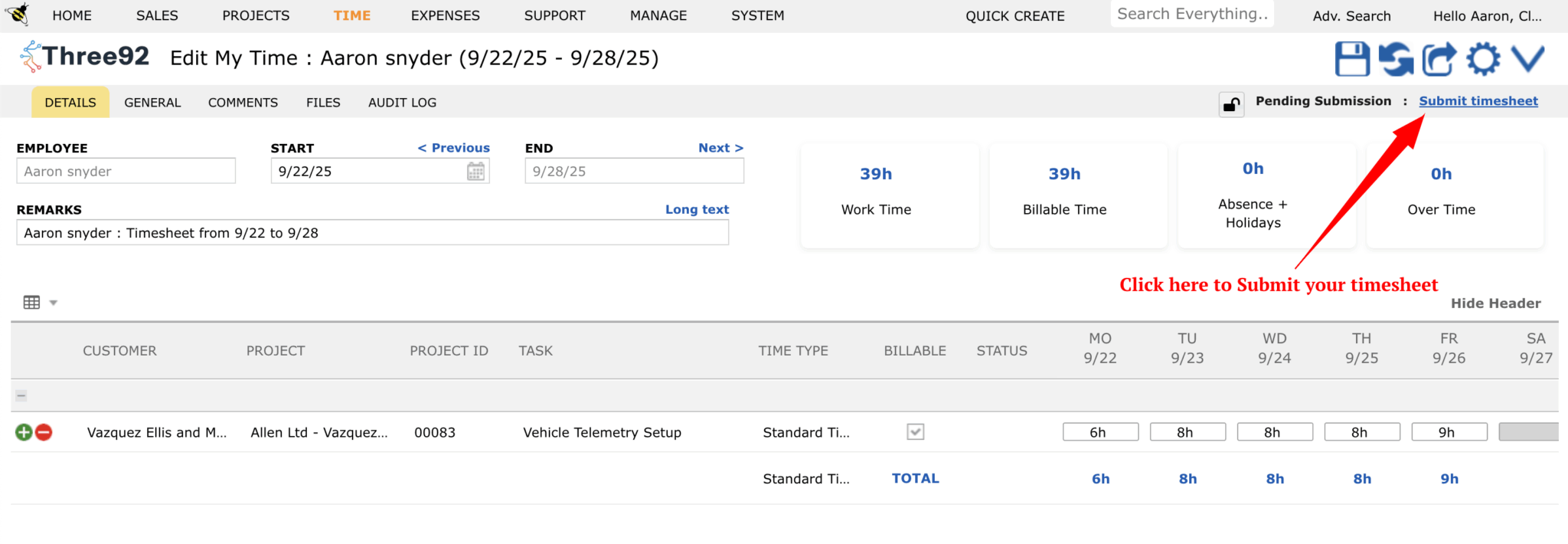 Submitting a time sheet